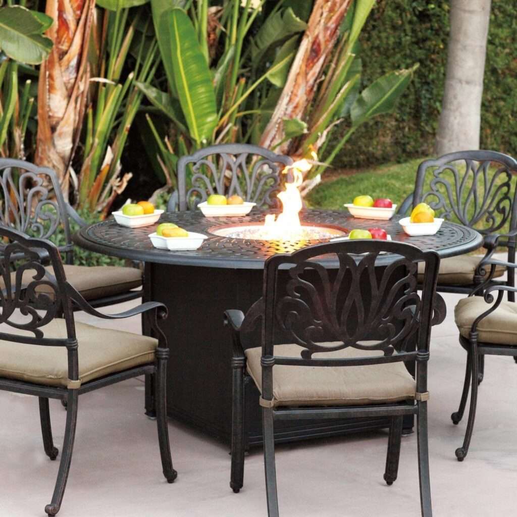 Darlee Elisabeth 7 Piece Patio Fire Pit Dining Set, Cast Aluminum
